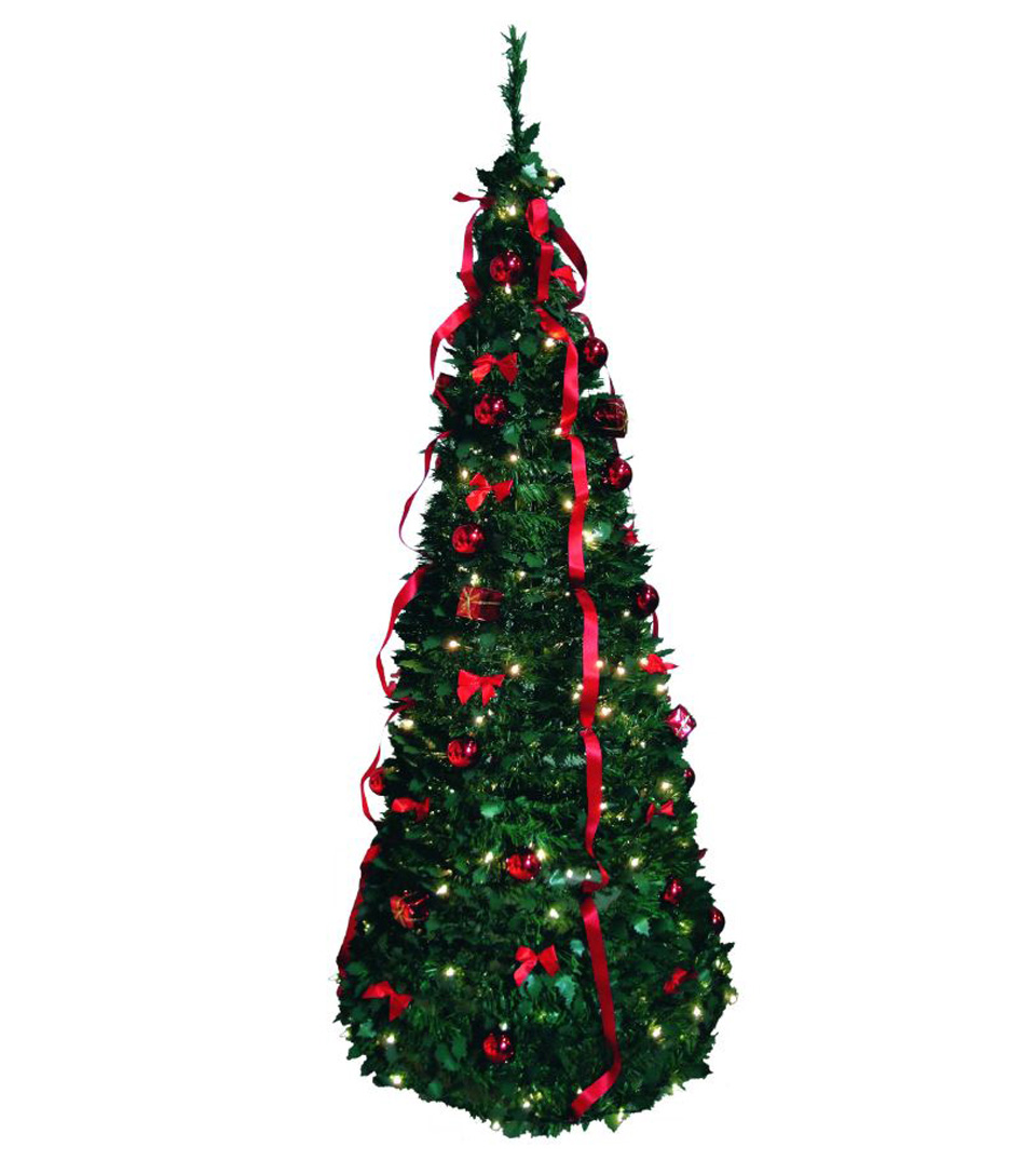 One Minute Pop-up tree met rode deco - Kerstdeco.nl